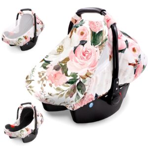 car seat covers for babies girl boy, cozy sun & bug cover, infant carseat canopy newborn stroller carrier cover with breathable zipper peep window, watercolor pink flower