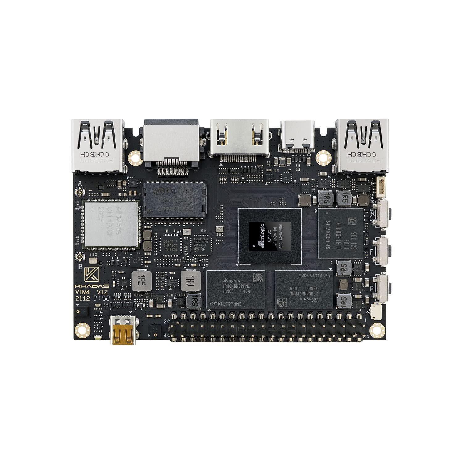 Amlogic A311D2 Single Board Computer-khadas VIM4 with 3.2 Tops NPU with Active Cooling Kit Supports 4K UI and HDMI Input, 4 Display Interfaces, LAN WiFi 6&BT5.1, 8GB 64bit LPDDR4X 2016MHz