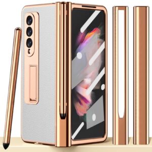 miimall compatible for samsung galaxy z fold 3 case with s pen, stylus pen with pen holder+tempered glass screen protector+plating all-inclusive hinge leather case for samsung galaxy z fold 3 (white)