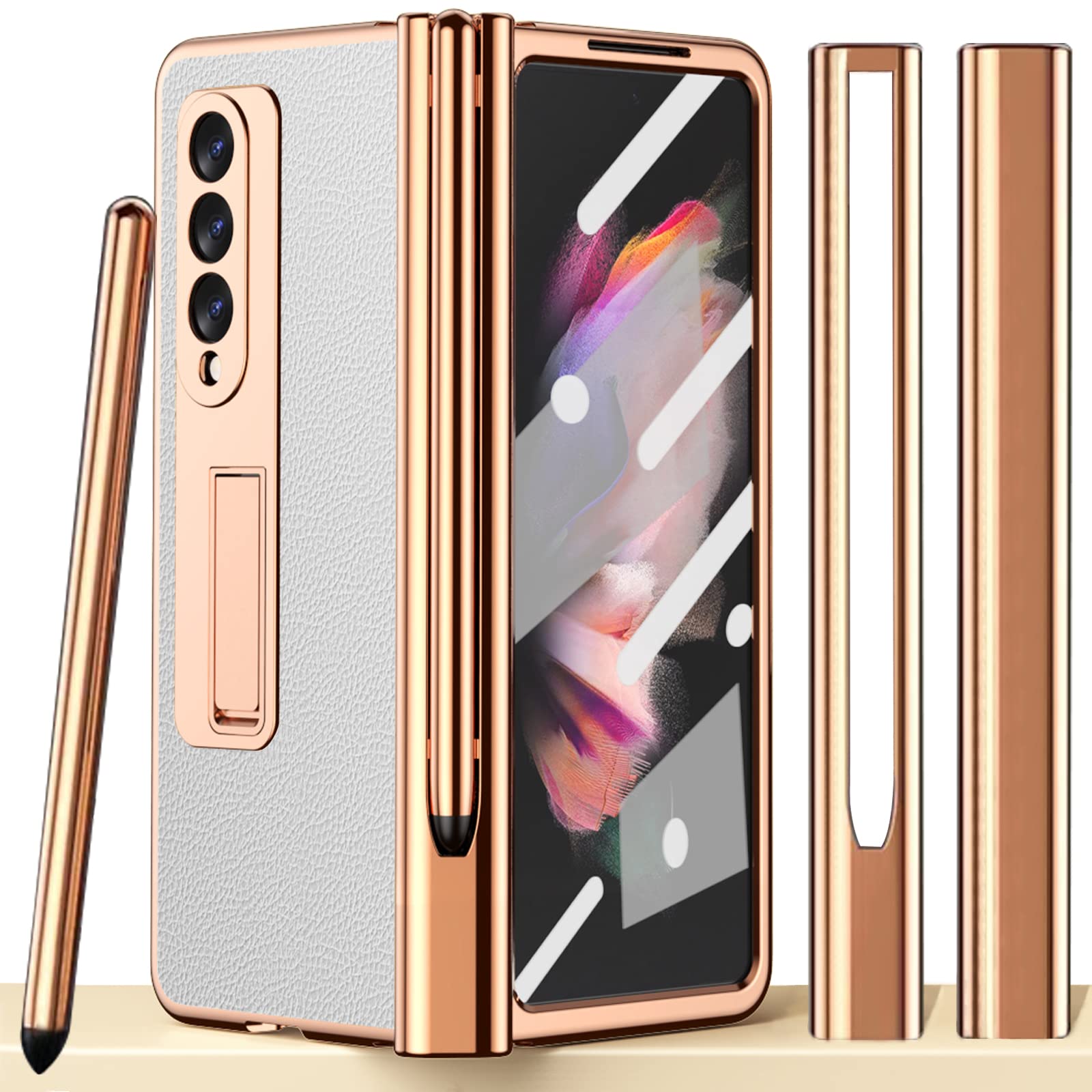 Miimall Compatible for Samsung Galaxy Z Fold 3 Case with S Pen, Stylus Pen with Pen Holder+Tempered Glass Screen Protector+Plating All-Inclusive Hinge Leather Case for Samsung Galaxy Z Fold 3 (White)