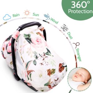 Car Seat Covers for Babies Girl Boy, Cozy Sun & Bug Cover, Infant Carseat Canopy Newborn Stroller Carrier Cover with Breathable Zipper Peep Window, Watercolor Pink Flower