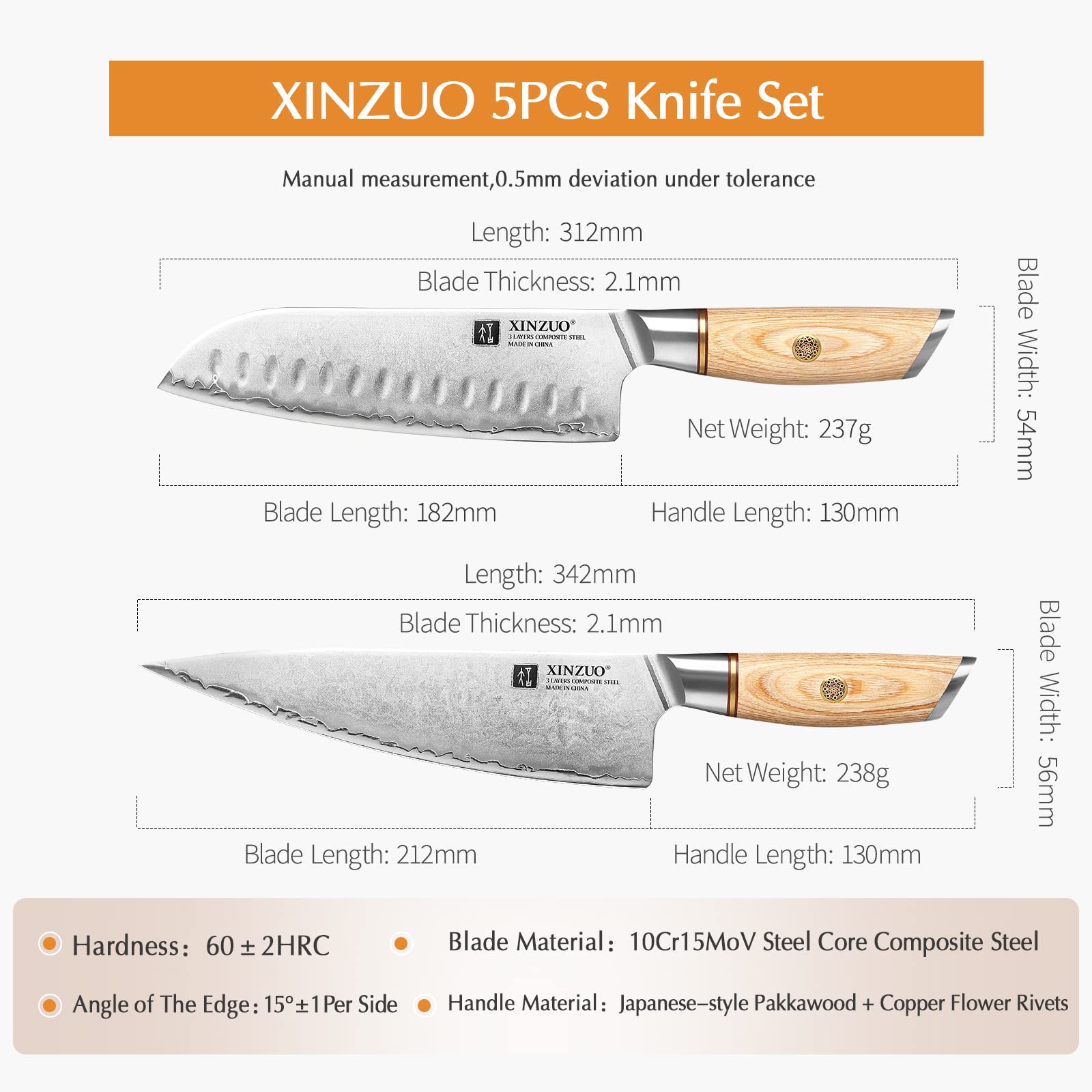 XINZUO Chef Knife Set, Professional Kitchen Knife Set for Chefs and Home Cooking, High Carbon Steel Knife Set, Japanese Knife Set with Pakkawood Handle, Gift Box Packing