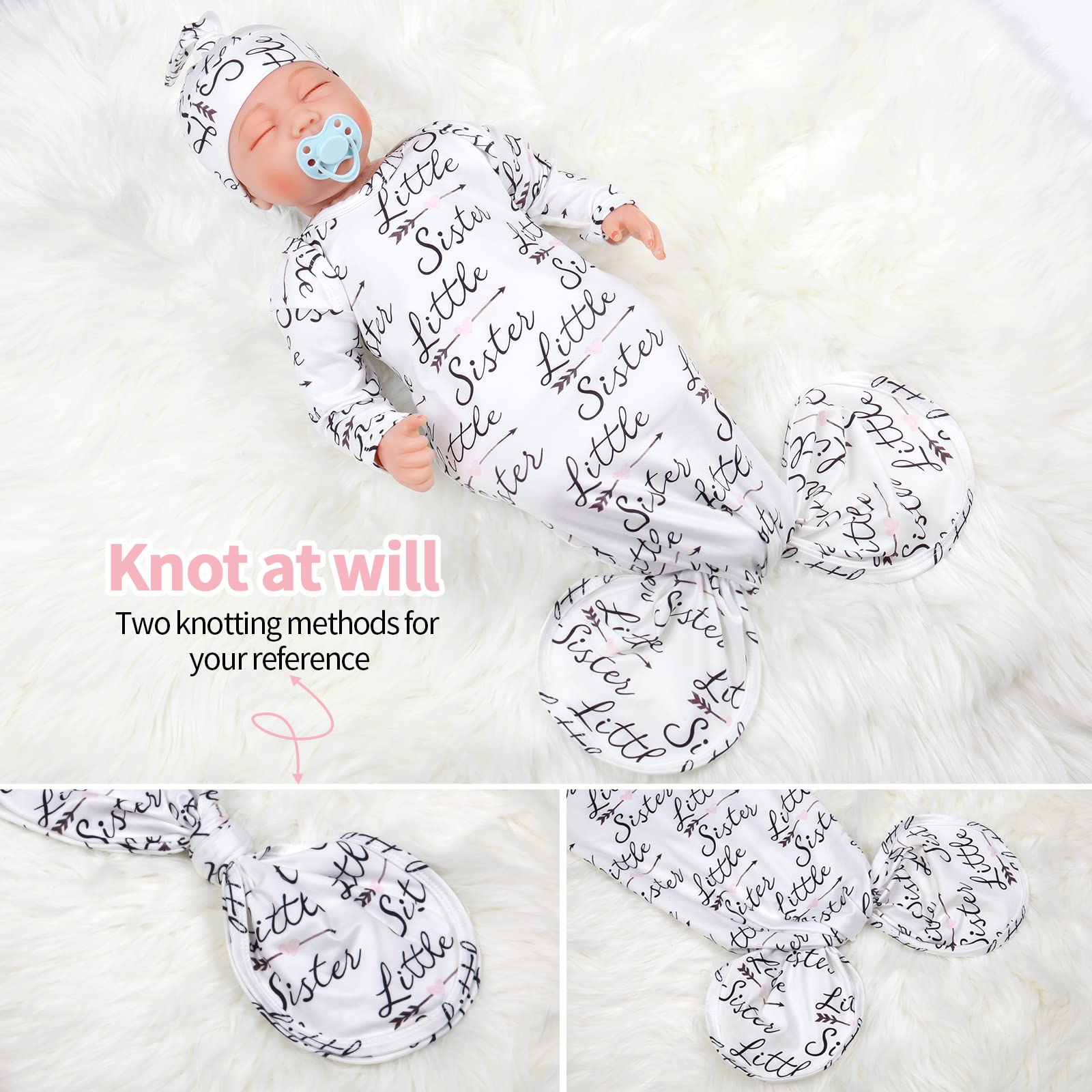 Mikccer Baby Newborn Knotted Gown 0-6 Months, Soft Breathable Sleeper Gowns, Babies Girl Coming Home Outfit Infant Little Sister Nightgowns with Hat Set