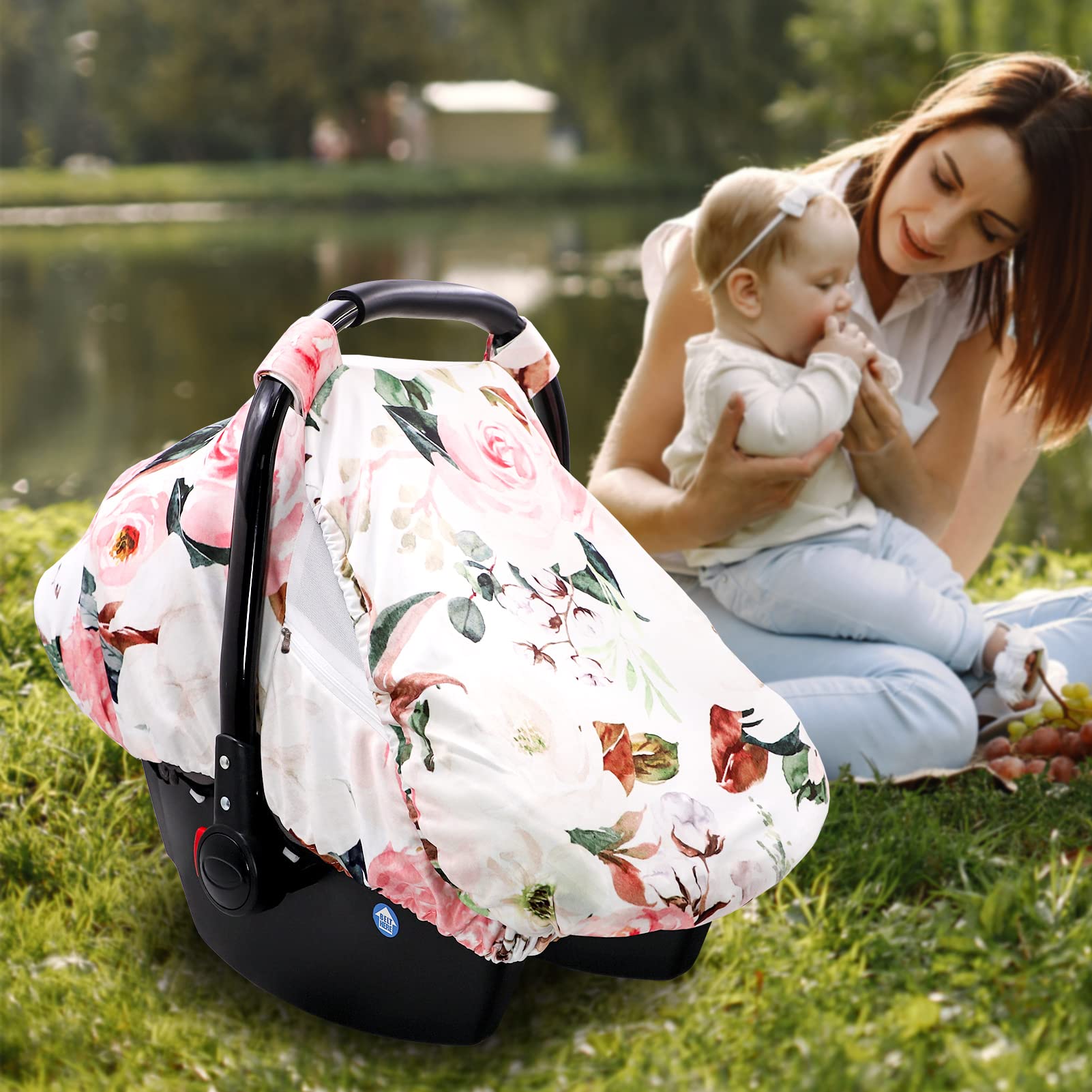 Car Seat Covers for Babies Girl Boy, Cozy Sun & Bug Cover, Infant Carseat Canopy Newborn Stroller Carrier Cover with Breathable Zipper Peep Window, Watercolor Pink Flower