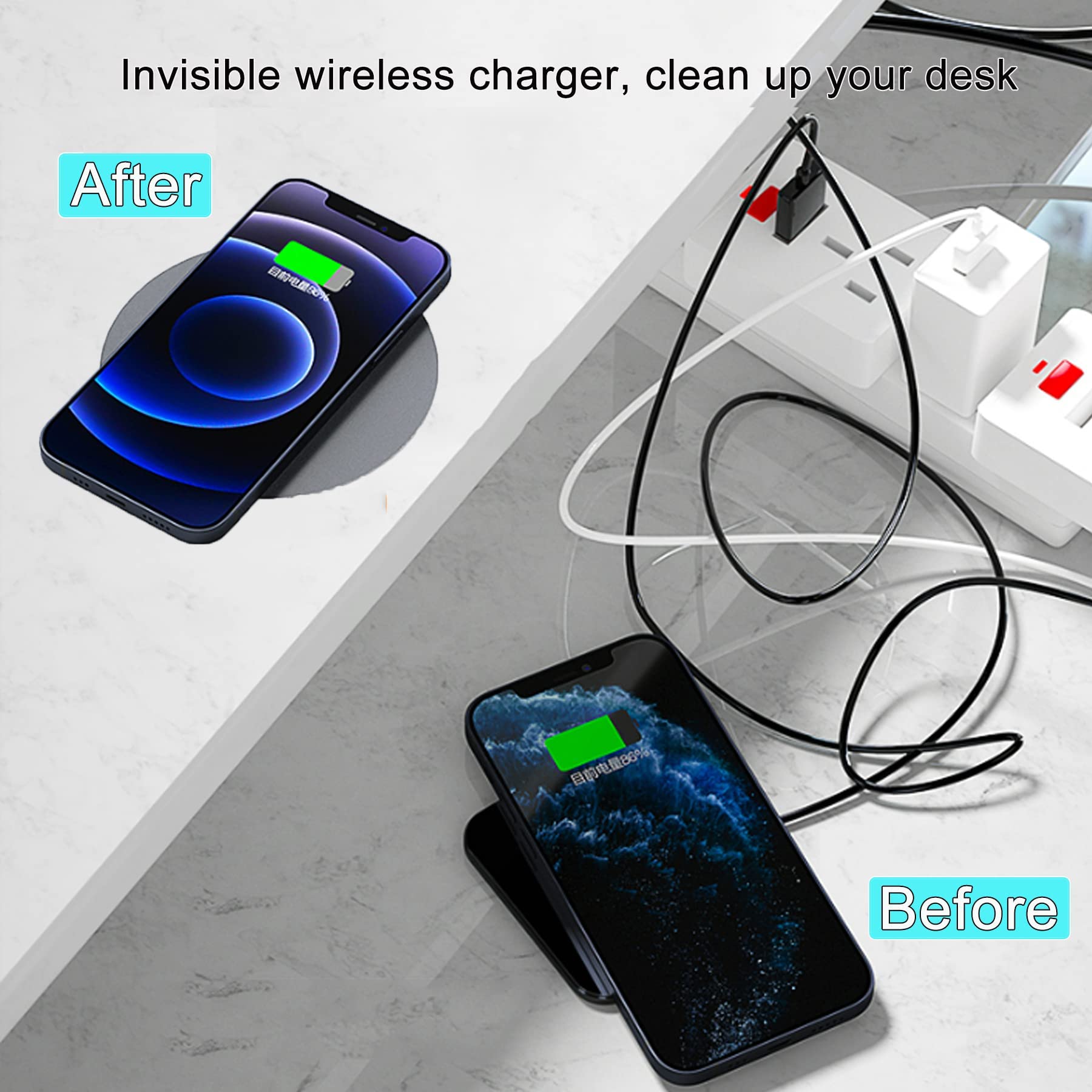 NiiTTER Invisible Wireless Charger, 40MM(1.57") Under Desk Wireless Charger, Under Counter Wireless Charging for iPhone 16/15/14/13/ Samsung Galaxy S23/S22/S21(Adapter Included)