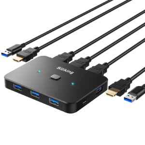 4k@60hz hdmi kvm switch for 2 computers, 1 monitor - usb selector with 4 usb 3.0 ports for keyboard, mouse, printer, external hard drives, includes 2 usb cables and 2 hdmi cables