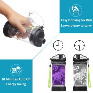 Attivolife Light up Kids Dinosaur Water Bottle with 3D Illusion Glowing Lamp, Travel Cup - 14 OZ Free Eco-Friendly Timer Function, Cool Unique Gifts for Back to School Boy Girl Toddler Camping