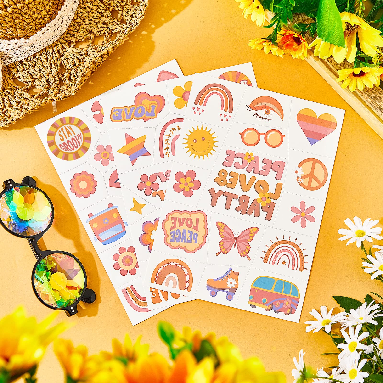 288 Pcs Groovy Hippie Temporary Tattoos Daisy Tattoos Stickers Retro Rainbow Boho Tattoos Fake Face Tattoos for Kids Flower Tattoo Daisy Power Party Decoration Daisy Party Favor 70s Two Groovy Party