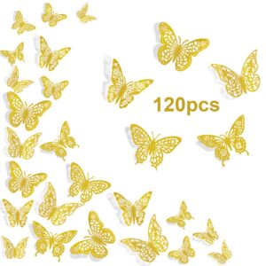 insuwood 120 pcs 3d butterfly wall decor stickers, 3 styles 3 sizes gold butterfly decorations for butterfly party birthday cake decorations, flower bouquet butterflies for wedding room decor