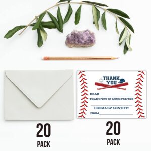 TENTADO Baseball Thank You Cards, Baseball Thank You Cards with Envelopes, Kids Fill in the Blank Thank You Cards, 20 Count with Envelopes, 4X6 inch.