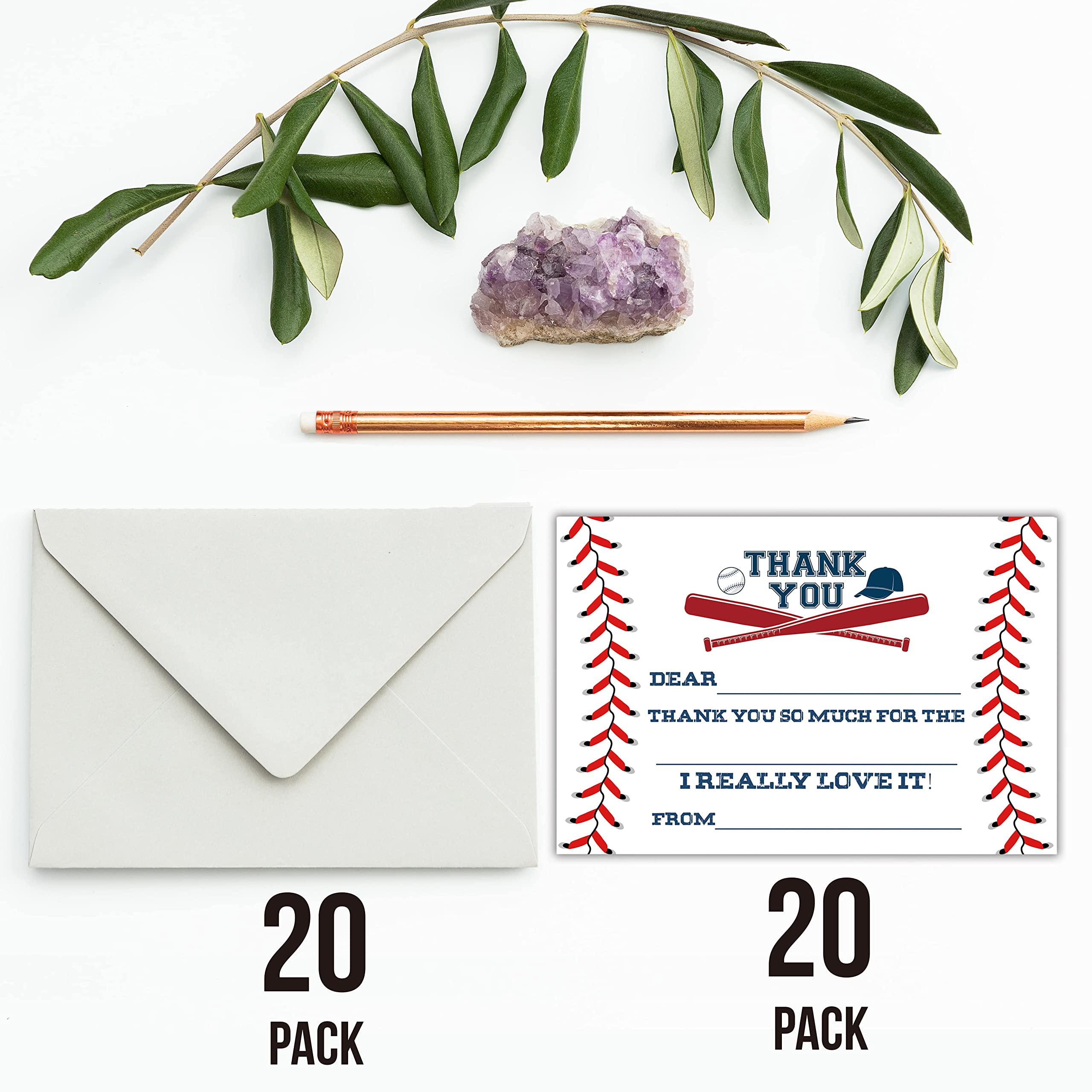 TENTADO Baseball Thank You Cards, Baseball Thank You Cards with Envelopes, Kids Fill in the Blank Thank You Cards, 20 Count with Envelopes, 4X6 inch.