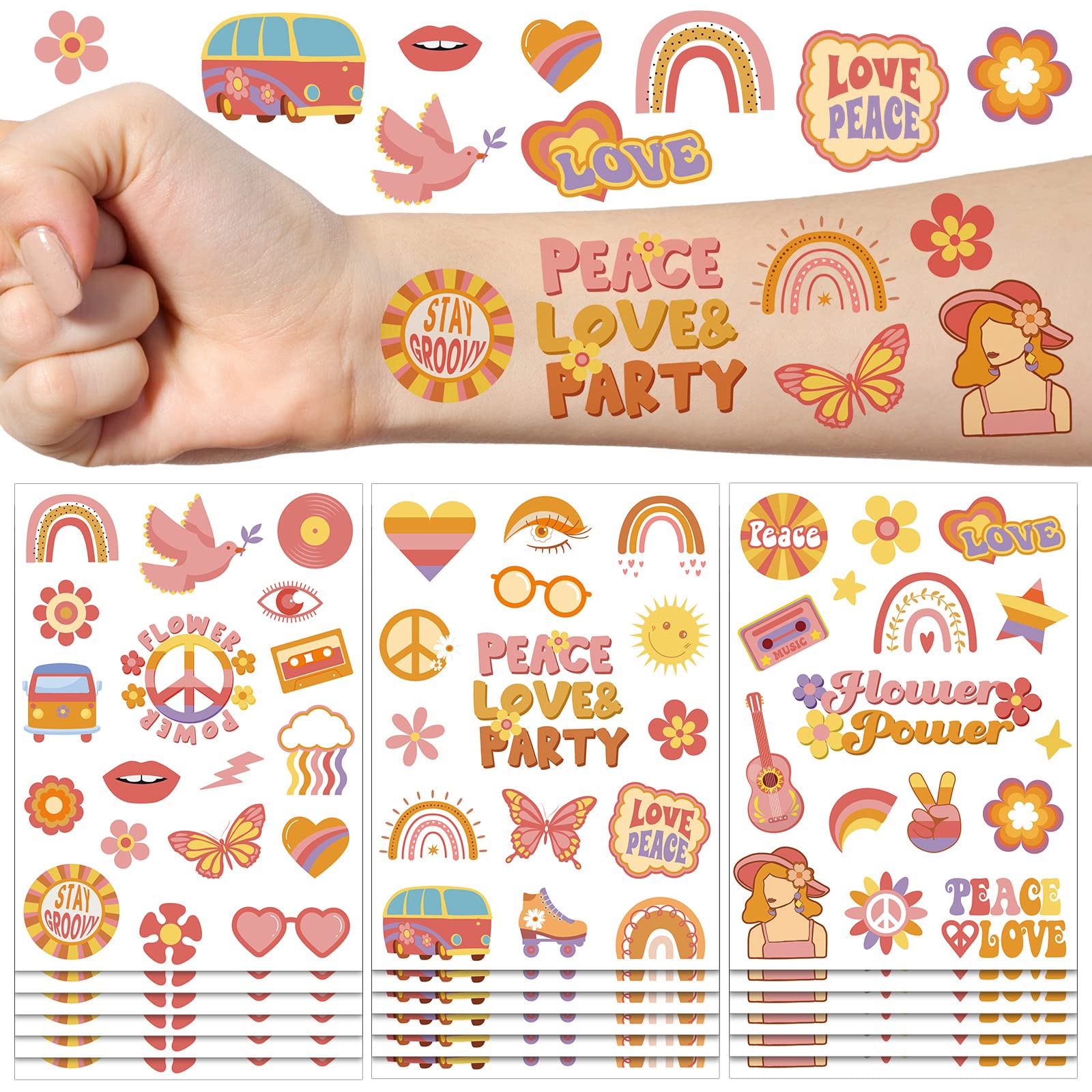 288 Pcs Groovy Hippie Temporary Tattoos Daisy Tattoos Stickers Retro Rainbow Boho Tattoos Fake Face Tattoos for Kids Flower Tattoo Daisy Power Party Decoration Daisy Party Favor 70s Two Groovy Party