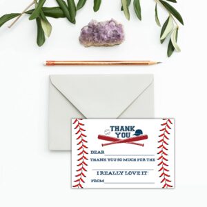 TENTADO Baseball Thank You Cards, Baseball Thank You Cards with Envelopes, Kids Fill in the Blank Thank You Cards, 20 Count with Envelopes, 4X6 inch.