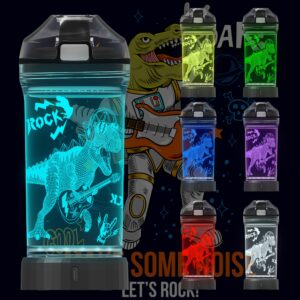 attivolife light up kids dinosaur water bottle with 3d illusion glowing lamp, travel cup - 14 oz free eco-friendly timer function, cool unique gifts for back to school boy girl toddler camping