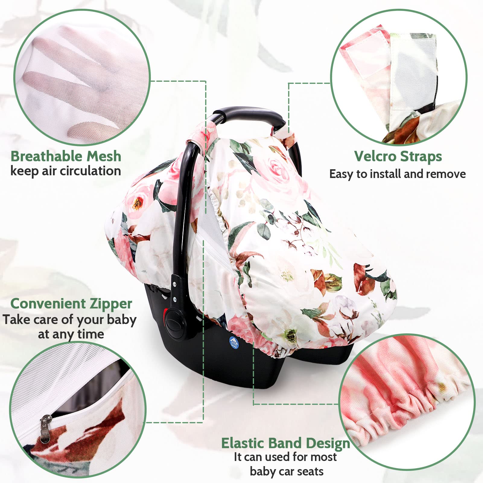 Car Seat Covers for Babies Girl Boy, Cozy Sun & Bug Cover, Infant Carseat Canopy Newborn Stroller Carrier Cover with Breathable Zipper Peep Window, Watercolor Pink Flower