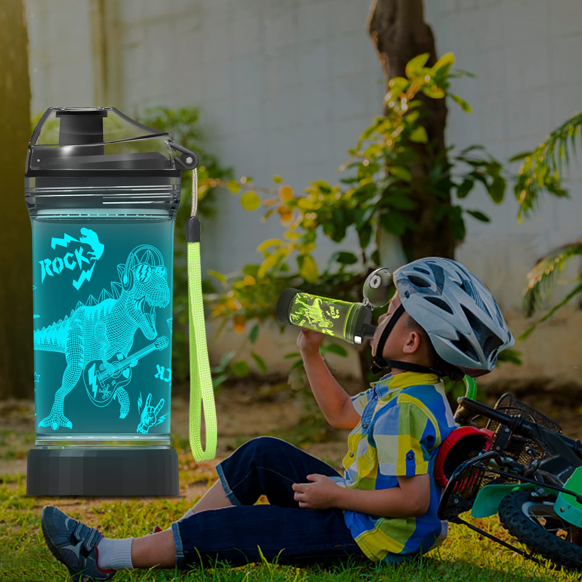 Attivolife Light up Kids Dinosaur Water Bottle with 3D Illusion Glowing Lamp, Travel Cup - 14 OZ Free Eco-Friendly Timer Function, Cool Unique Gifts for Back to School Boy Girl Toddler Camping