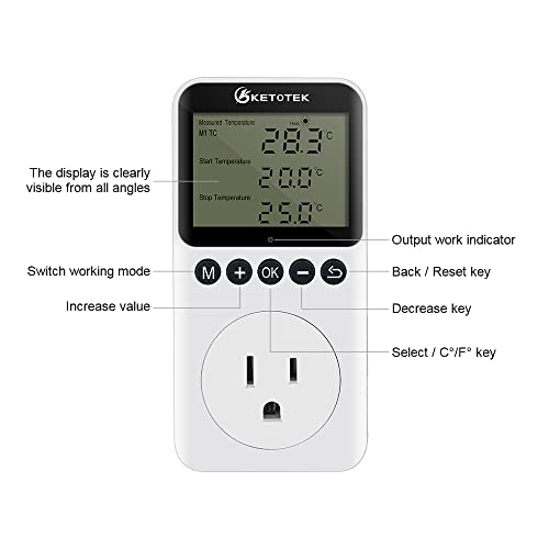 KETOTEK Digital Temperature Controller Outlet Day Night Thermostat Plug Socket Heating Cooling Temp Controller with Sensor Timer Regulator for Reptile Greenhouse Brewing Refrigerator