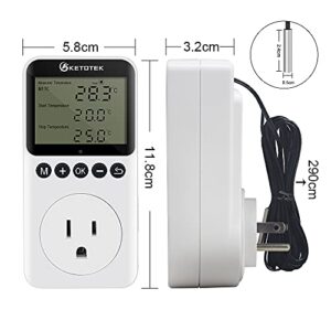 KETOTEK Digital Temperature Controller Outlet Day Night Thermostat Plug Socket Heating Cooling Temp Controller with Sensor Timer Regulator for Reptile Greenhouse Brewing Refrigerator