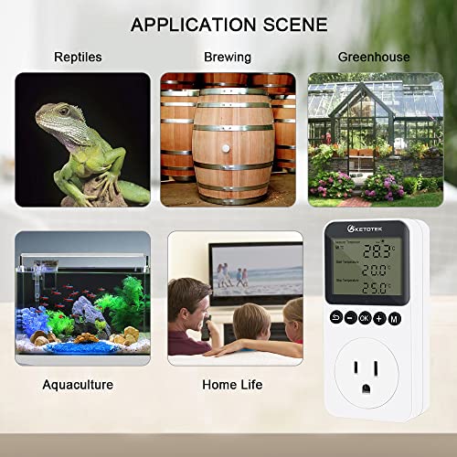 KETOTEK Digital Temperature Controller Outlet Day Night Thermostat Plug Socket Heating Cooling Temp Controller with Sensor Timer Regulator for Reptile Greenhouse Brewing Refrigerator