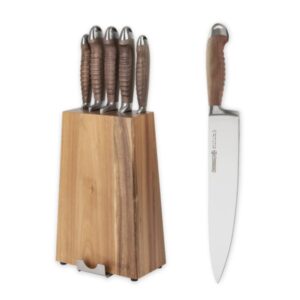 mundial nobilis series 6-piece knife block set, including 5 knives with wood handle and stainless steel blades and 1 wood block with tablet support