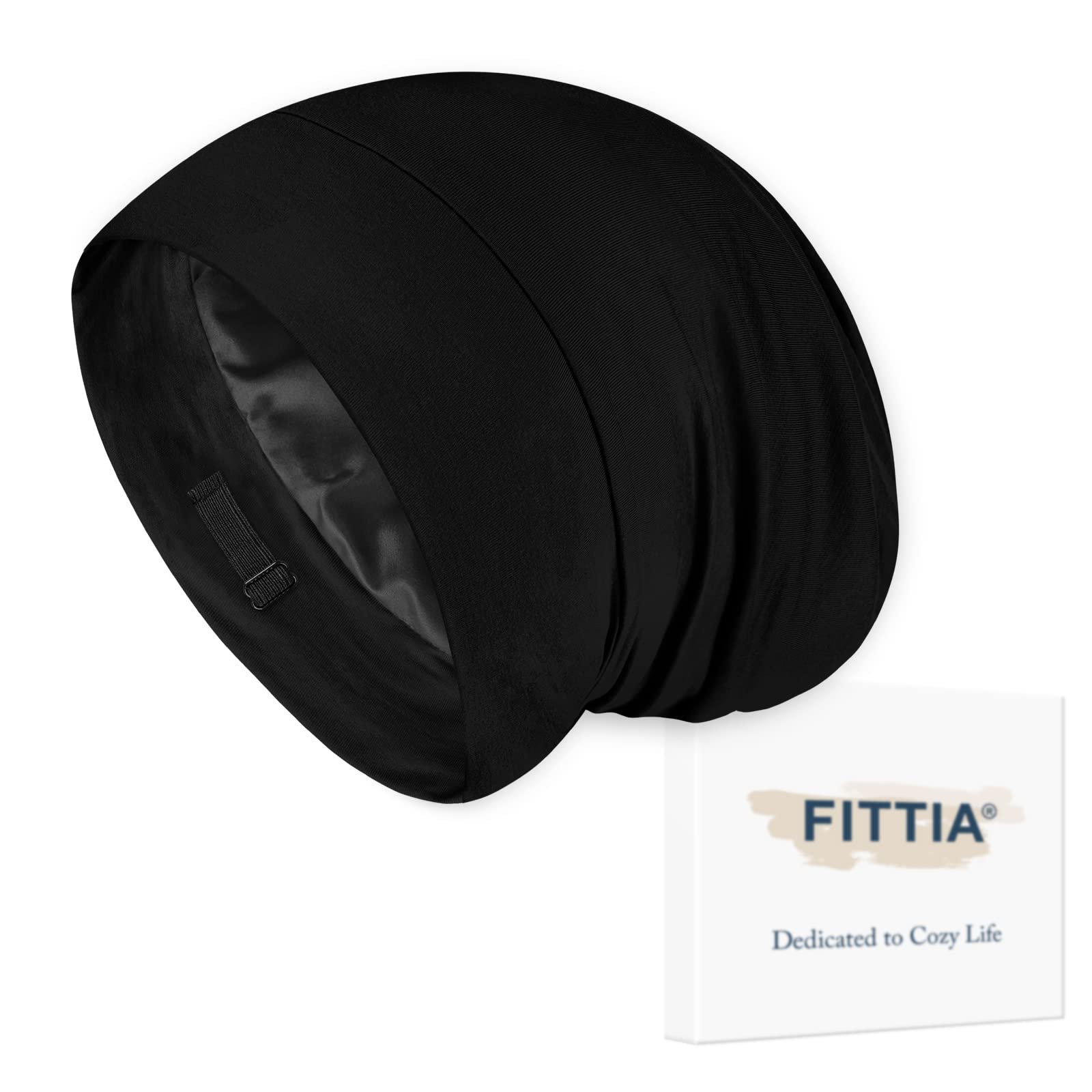 Fittia Satin Hair Bonnet for Sleeping, Silky No Frizzy for Curls Care, Adjustable Strap for Non-Slip, Dreadlocks Cap for Women&Men Black