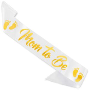 corrure baby shower sash for boy or girl - 'mom to be' sash with beautiful white ribbon and gold foil text - ideal gender reveal, baby shower, welcome baby, mom to be or baby sprinkle gift