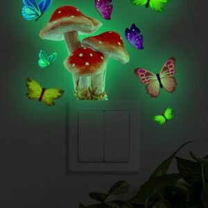 Glow in The Dark Mushroom Butterfly Wall Sticker Luminous Cartoon Flying Butterflies Light Switch Decals for Girls Bedroom Nursery Living Room Classroom Ceiling Decor Kids Gift