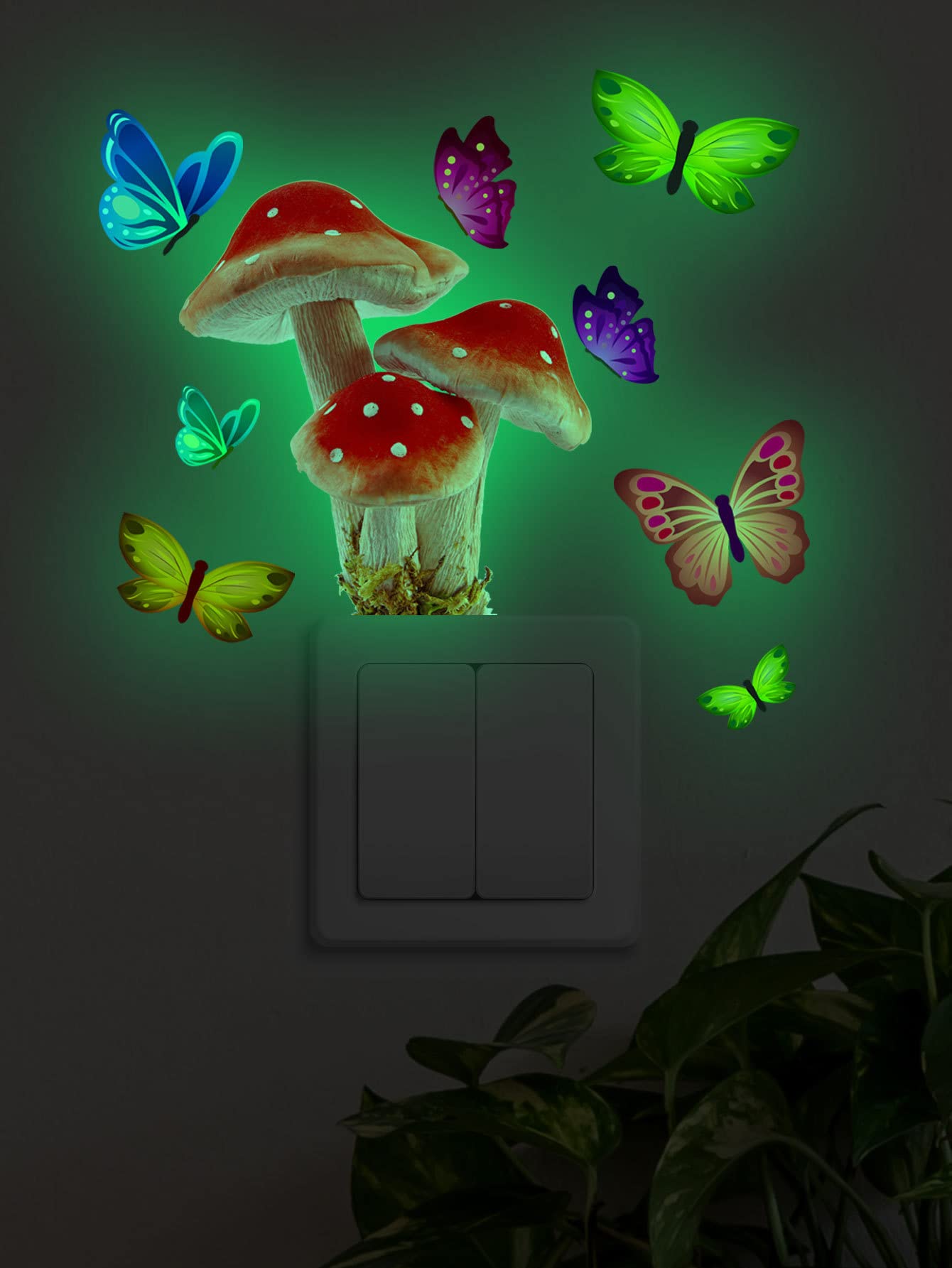 Glow in The Dark Mushroom Butterfly Wall Sticker Luminous Cartoon Flying Butterflies Light Switch Decals for Girls Bedroom Nursery Living Room Classroom Ceiling Decor Kids Gift