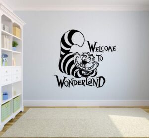 alice in wonderland - cheshire cat welcome to wonderland - horizontal wall art sticker décor vinyl decal home decoration for boys/girls children room home bedroom decoration sticker size (40x32 inch)