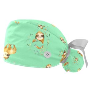 cute sloth adjustable working cap with ponytail holder, 2 packs scrub cap bouffant hat for men & women, one size