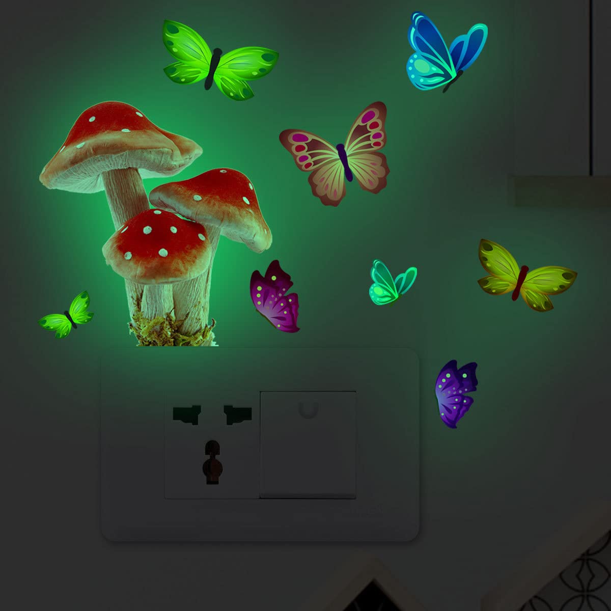 Glow in The Dark Mushroom Butterfly Wall Sticker Luminous Cartoon Flying Butterflies Light Switch Decals for Girls Bedroom Nursery Living Room Classroom Ceiling Decor Kids Gift