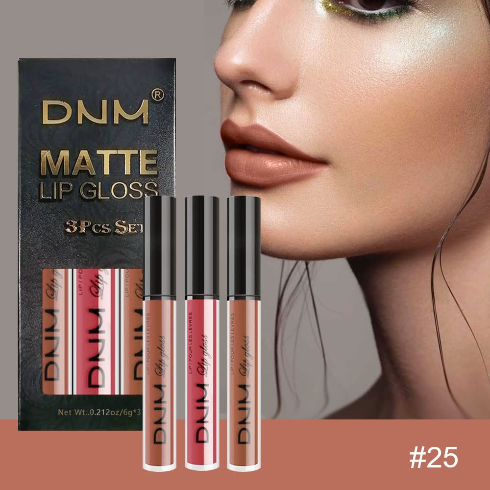 AMY'S DIARY 3Pcs Matte Liquid Brown Lipstick Sets, Brown Lip Stain Long Lasting 24 Waterproof Lip Gloss Makeup Gift Set for Women Lippies(Set09)