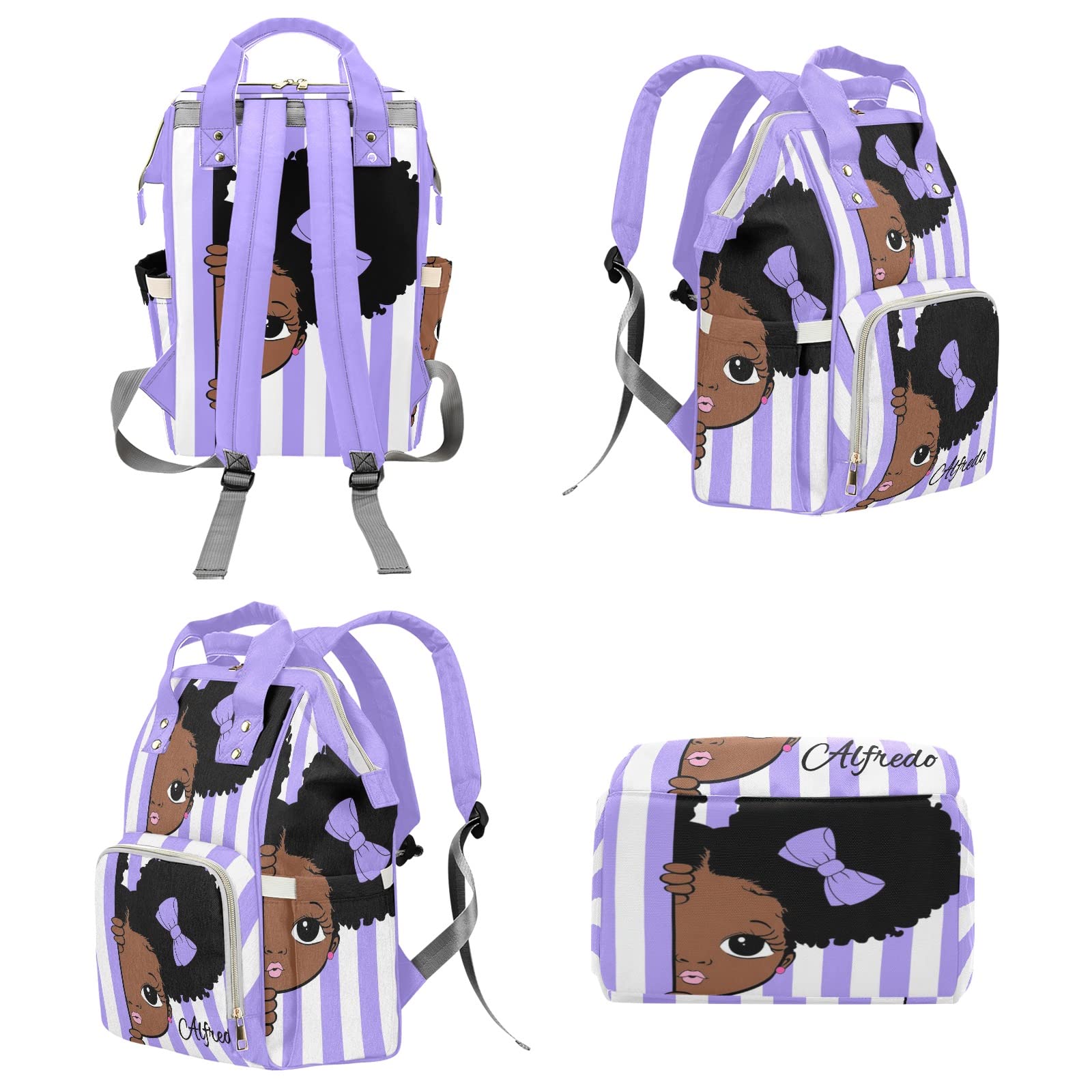 African Black Girl Purple Personalized Diaper Backpack with Name,Custom Travel DayPack for Nappy Mommy Nursing Baby Bag One Size