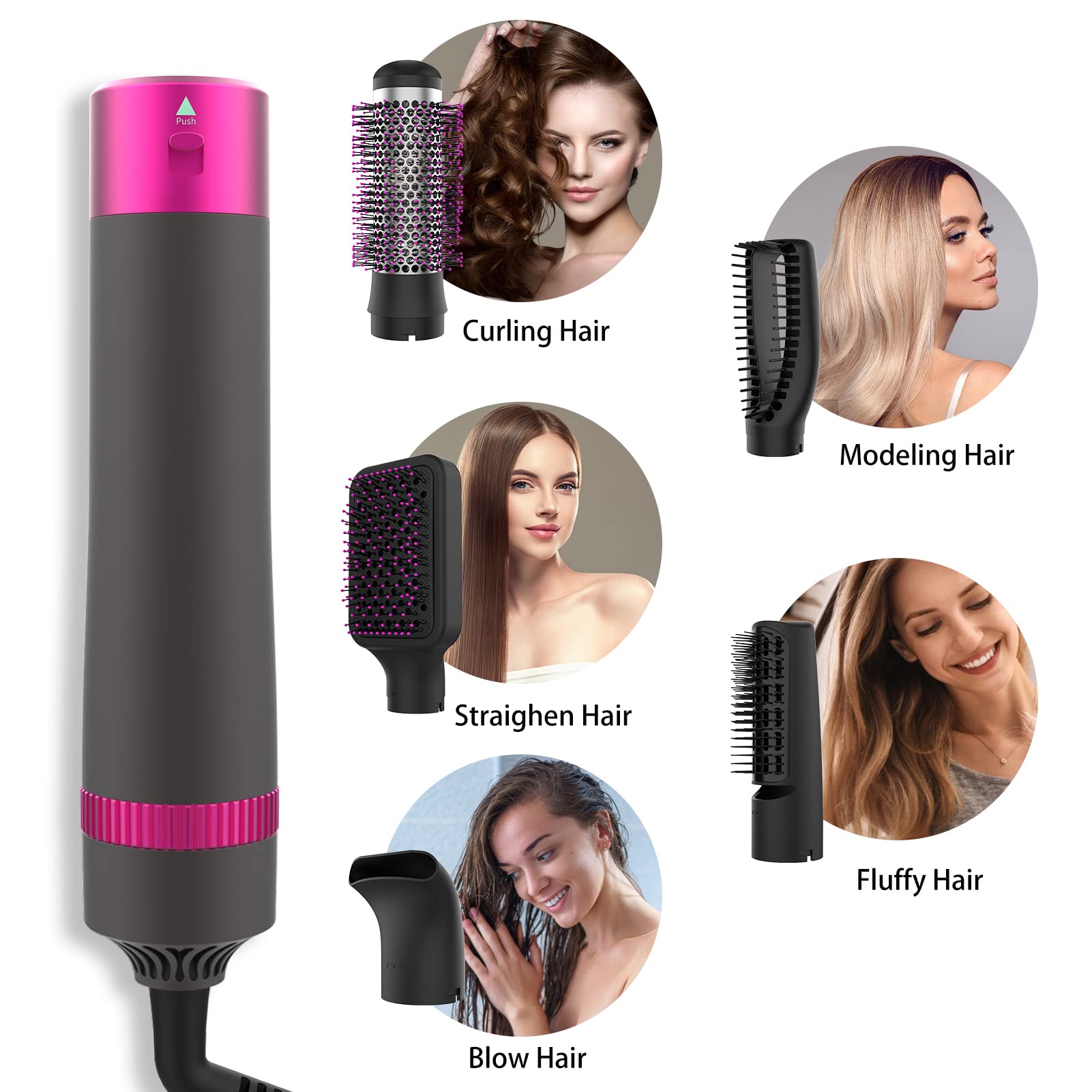 5 in 1 Styling Hot Air Brush with Negative Ion - Detachable and Interchangeable Bristles for Straightening, Curling, Drying, Combing, and Scalp Massage - Heat Brush with Glove