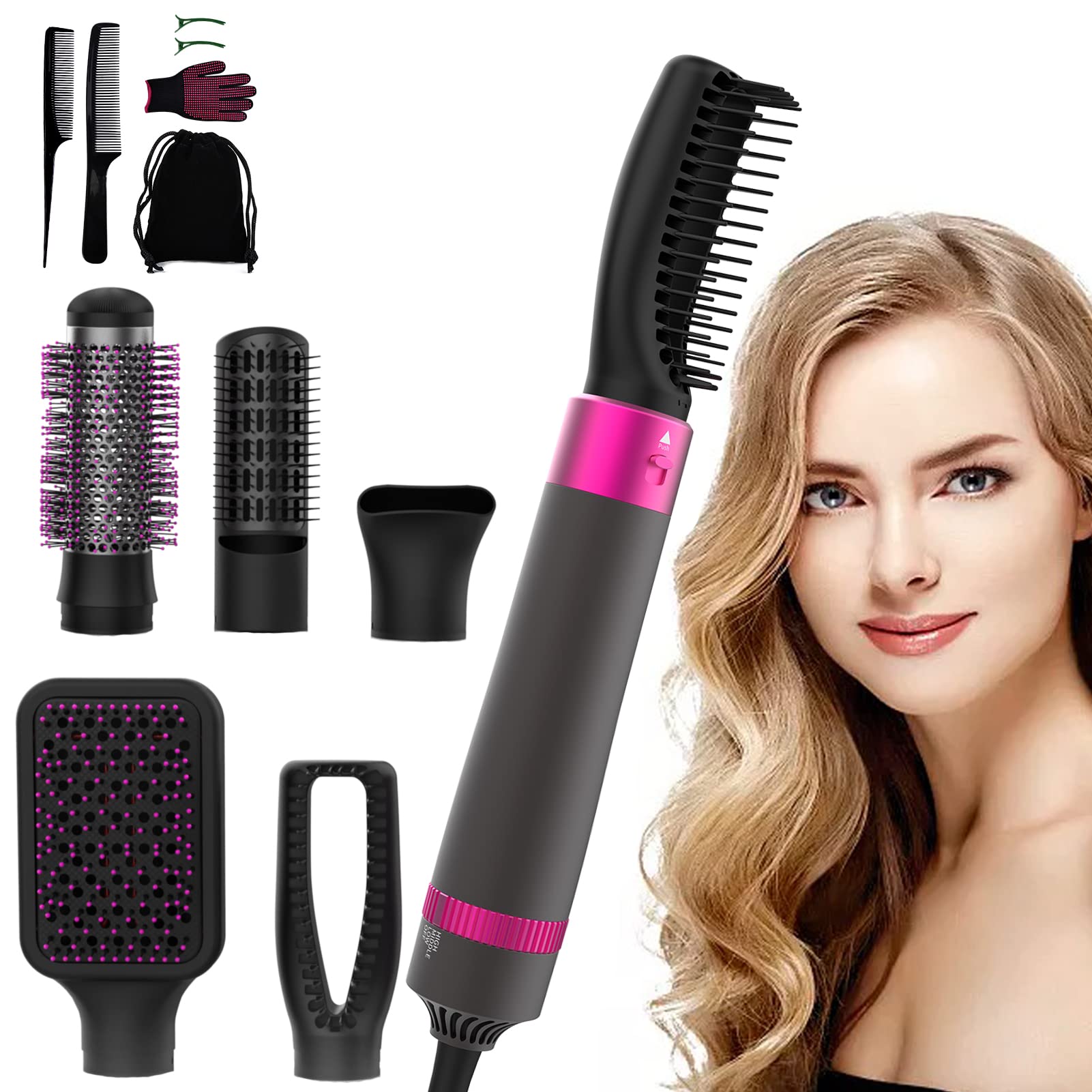 5 in 1 Styling Hot Air Brush with Negative Ion - Detachable and Interchangeable Bristles for Straightening, Curling, Drying, Combing, and Scalp Massage - Heat Brush with Glove