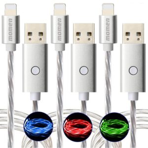 momen led iphone charger cable, 3 pack 6ft lighting cables with data sync fast charging cord compatible 13/12/11/xs max/xs/xr/x/8/7/plus/se/pad,phone charger cord blue & red & green