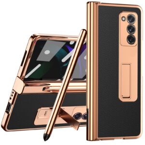 miimall compatible for samsung galaxy z fold 2 case with s pen holder, s pen+screen cover+kickstand+leather pattern plating all-inclusive hinge protection case for galaxy z fold 2 (black)