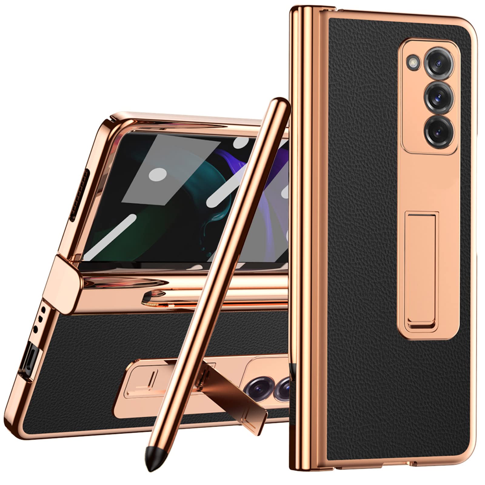 Miimall Compatible for Samsung Galaxy Z Fold 2 Case with S Pen Holder, S Pen+Screen Cover+Kickstand+Leather Pattern Plating All-Inclusive Hinge Protection Case for Galaxy Z Fold 2 (Black)