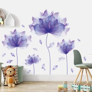 rw-7569 giant purple flower wall decals splash ink floral wall stickers diy removable large 4 watercolor painting flowers fallen petals wall decor for kids girls bedroom living room nursery decoration