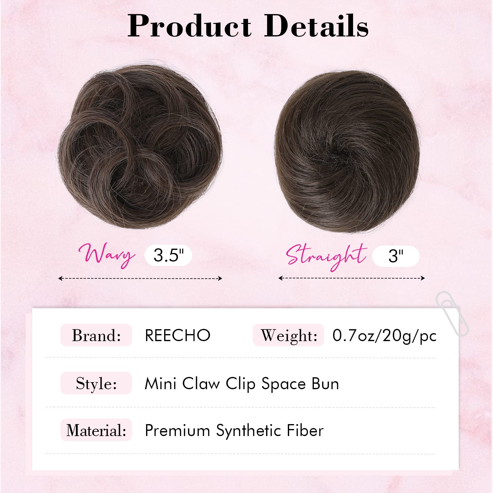 REECHO 2 PCS Mini Claw Clip in Messy & Cat Ears Hair Bun Extensions HB001 Wig Accessory Updo Hairpieces for Women Girls (Pack of 2-3.5" Wavy, Cool Dark Brown)