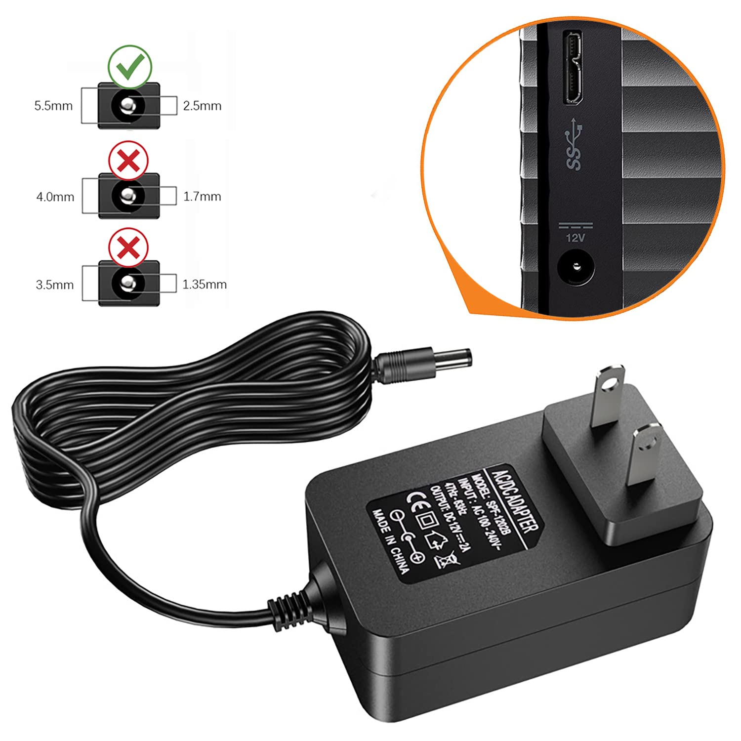 12V AC Power Supply Adapter for WD Western Digital External Hard Drive HDD 1TB-6TB, My Book Essential, AV DVR Expander, Seagate Expansion SRD00F2, FreeAgent GoFlex, Backup Plus SRD0SD0-6.6FT