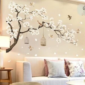 bwcxxzh large white flower wall stickers, 50"x74" removable diy romantic cherry blossom tree wall murals peel and stick 3d wall art stickers home decor for gilrs bedroom nursery rooms living room