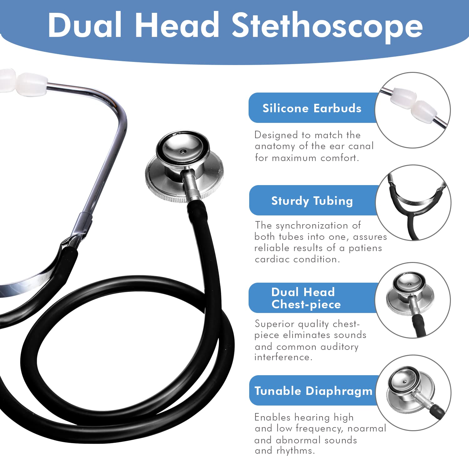 Novamedic Classic Black Dual Head Stethoscope, 22-inch, Adult Size Stethoscope for Nurses, Doctors, ETMs, Nursing Homes, Cardiac Diagnostic, Cardiology and Medical Supplies Kit,