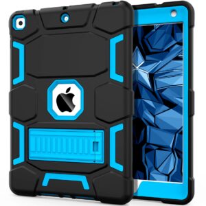 CCMAO iPad 9th Generation Case, iPad 8th/7th Generation Case, iPad 10.2 2021/2020/2019 Case with Kickstand, Heavy Duty Shockproof Hybrid Three Layer Protective Cover for Kids Boys, Black+Sky Blue