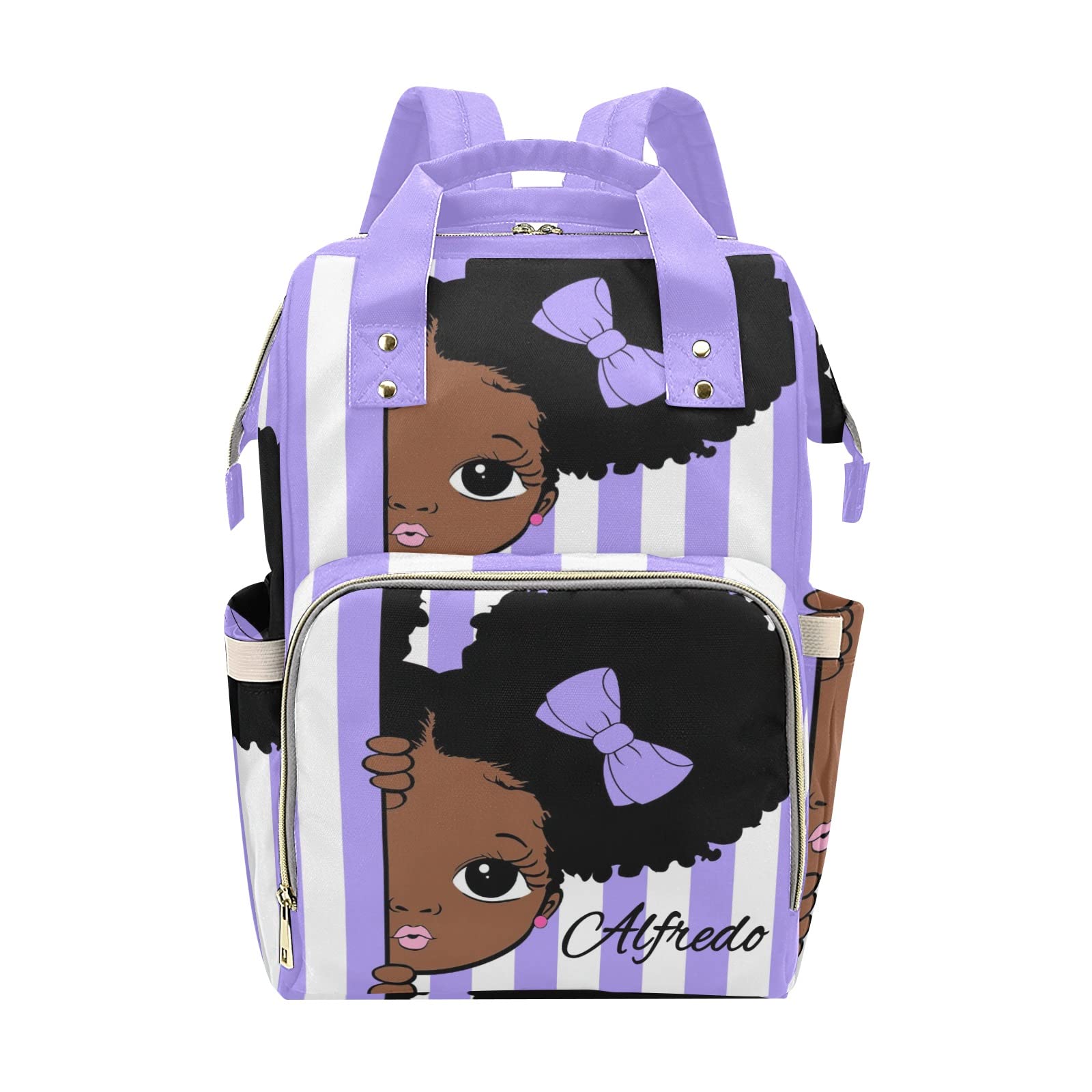 African Black Girl Purple Personalized Diaper Backpack with Name,Custom Travel DayPack for Nappy Mommy Nursing Baby Bag One Size