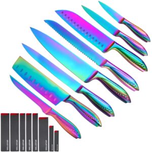 wellstar rainbow knife set 16 pieces with 8 knives and 8 blade guards, iridescent german stainless steel kitchen knives with durable sheath cover, colorful titanium coated chef’s cooking knife set