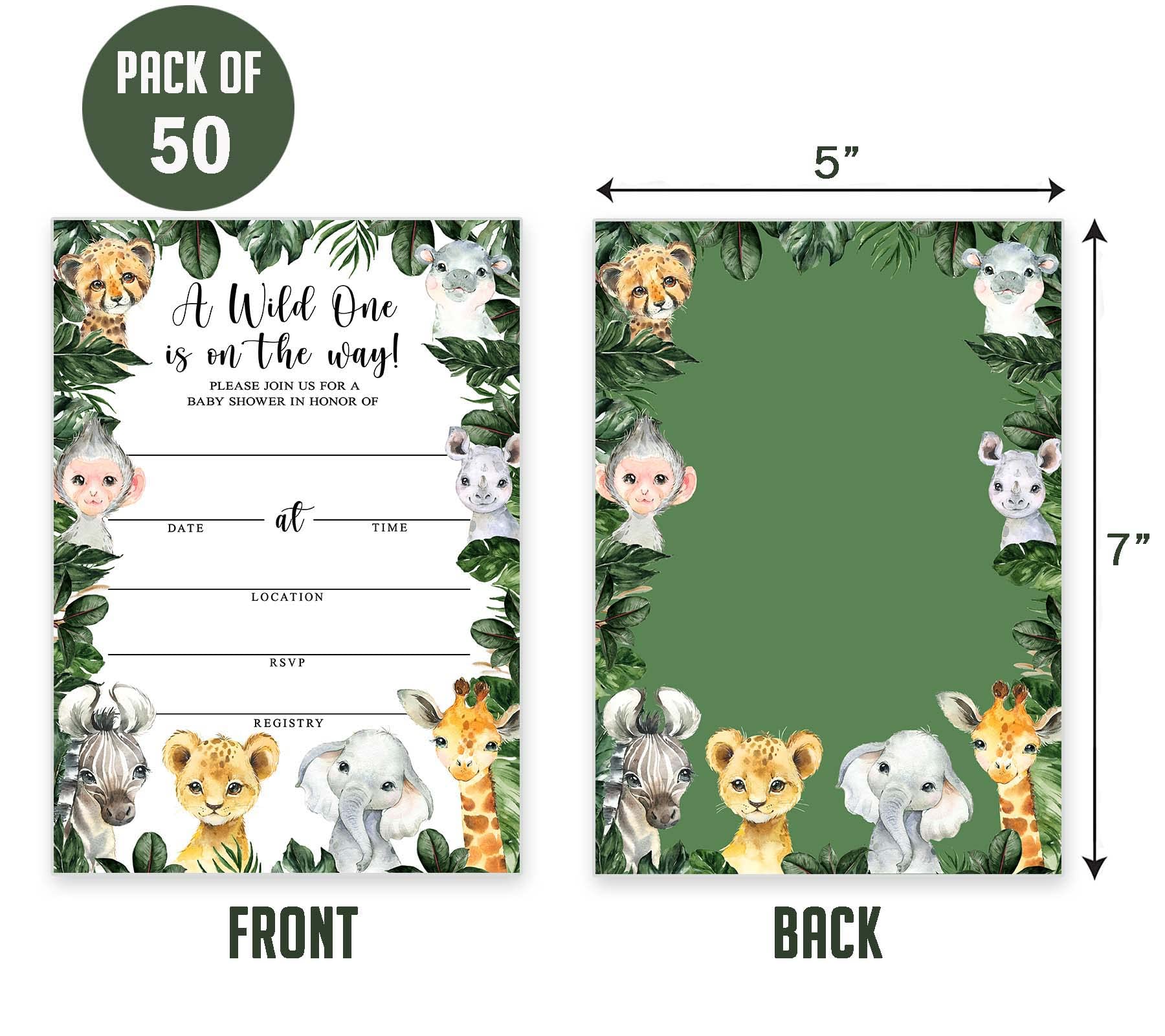 Yuzioey 50 Safari Baby Shower Invitations, Jungle Animals Invitations Macthing Envelpoes, Diaper Raffle Tickets, Book Request Cards, Safari Animals Invitations