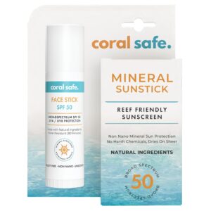 reef safe sunscreen spf 50 facestick - biodegradable, hawaii & mexico approve, zinc, vitamin e, oxybenzone & octinoxate free, water resistant, natural ingredients, made in usa by coral safe