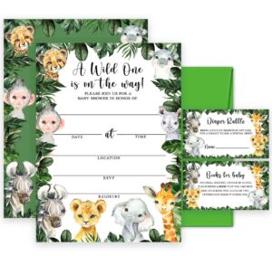 yuzioey 50 safari baby shower invitations, jungle animals invitations macthing envelpoes, diaper raffle tickets, book request cards, safari animals invitations