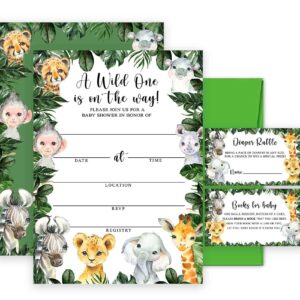 Yuzioey 50 Safari Baby Shower Invitations, Jungle Animals Invitations Macthing Envelpoes, Diaper Raffle Tickets, Book Request Cards, Safari Animals Invitations